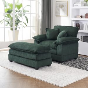 DERCASS Corduroy Single Sofa with 2 Toss Pillows and Ottoman,56.3 Inch Comfy Sofa- Deep Seat Couch for Living Room (Green)