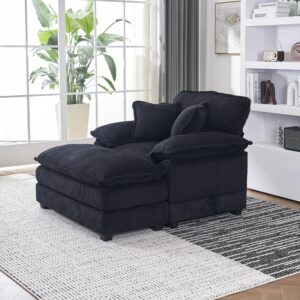 RUNNA 56.3 Inch Corduroy Single Sofa with 2 toss Pillows and a Ottoman,Comfy Sofa- Deep Seat Couch for Living Room (Black~049)