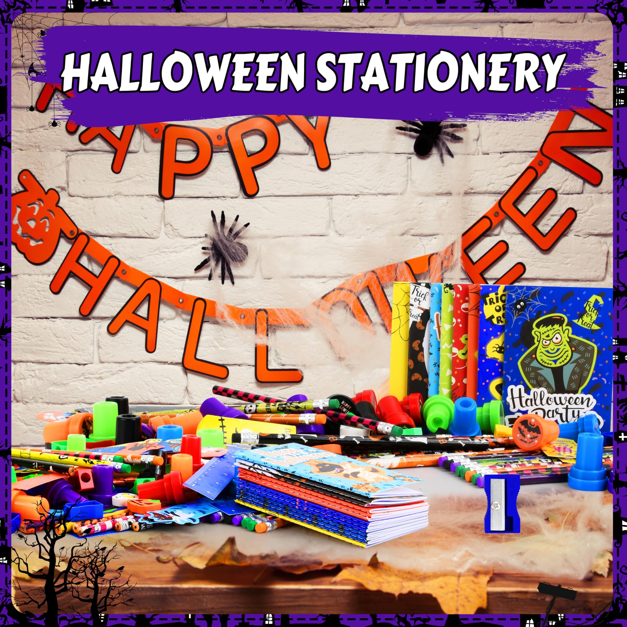 PURPERCAT Halloween Party Favor for Kids, 292 Pcs Large Halloween Stationery Set with Goody Treat Bags, Halloween Bulk Stationery for Class, Stationery Kit, Spooky Halloween Themed Party Gifts Prizes