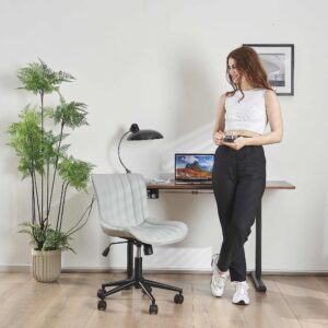 YOUNIKE Grey Ergonomic Home Office Desk Chair with Wheels Comfy Armless Criss Cross Chair with Adjustable Back Modern Leather Upholstered Swivel Vanity Chair Small Cute Rolling Task Chair for Women