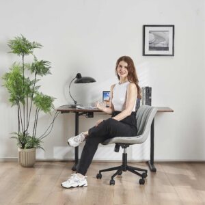 YOUNIKE Grey Ergonomic Home Office Desk Chair with Wheels Comfy Armless Criss Cross Chair with Adjustable Back Modern Leather Upholstered Swivel Vanity Chair Small Cute Rolling Task Chair for Women