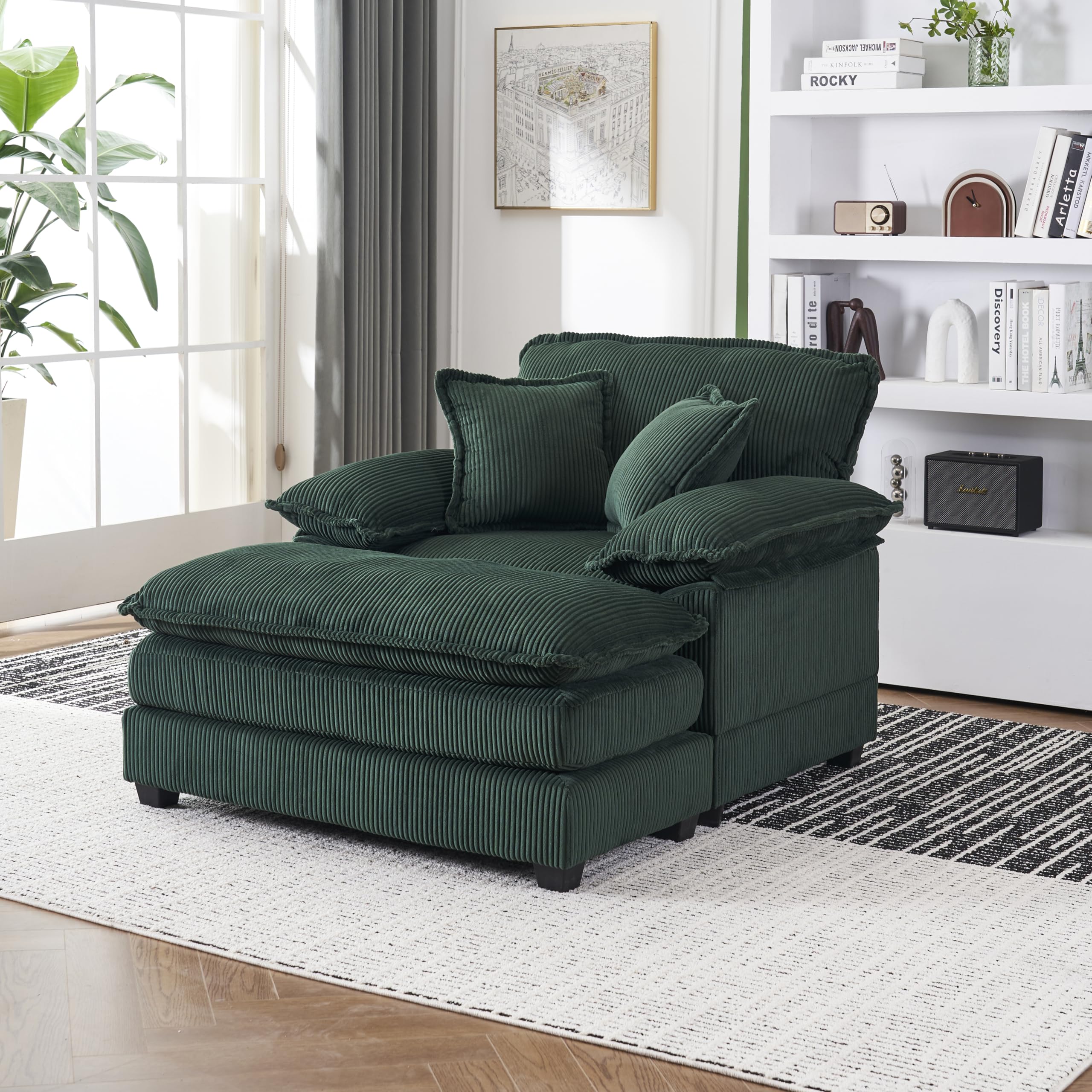 DERCASS Corduroy Single Sofa with 2 Toss Pillows and Ottoman,56.3 Inch Comfy Sofa- Deep Seat Couch for Living Room (Green)