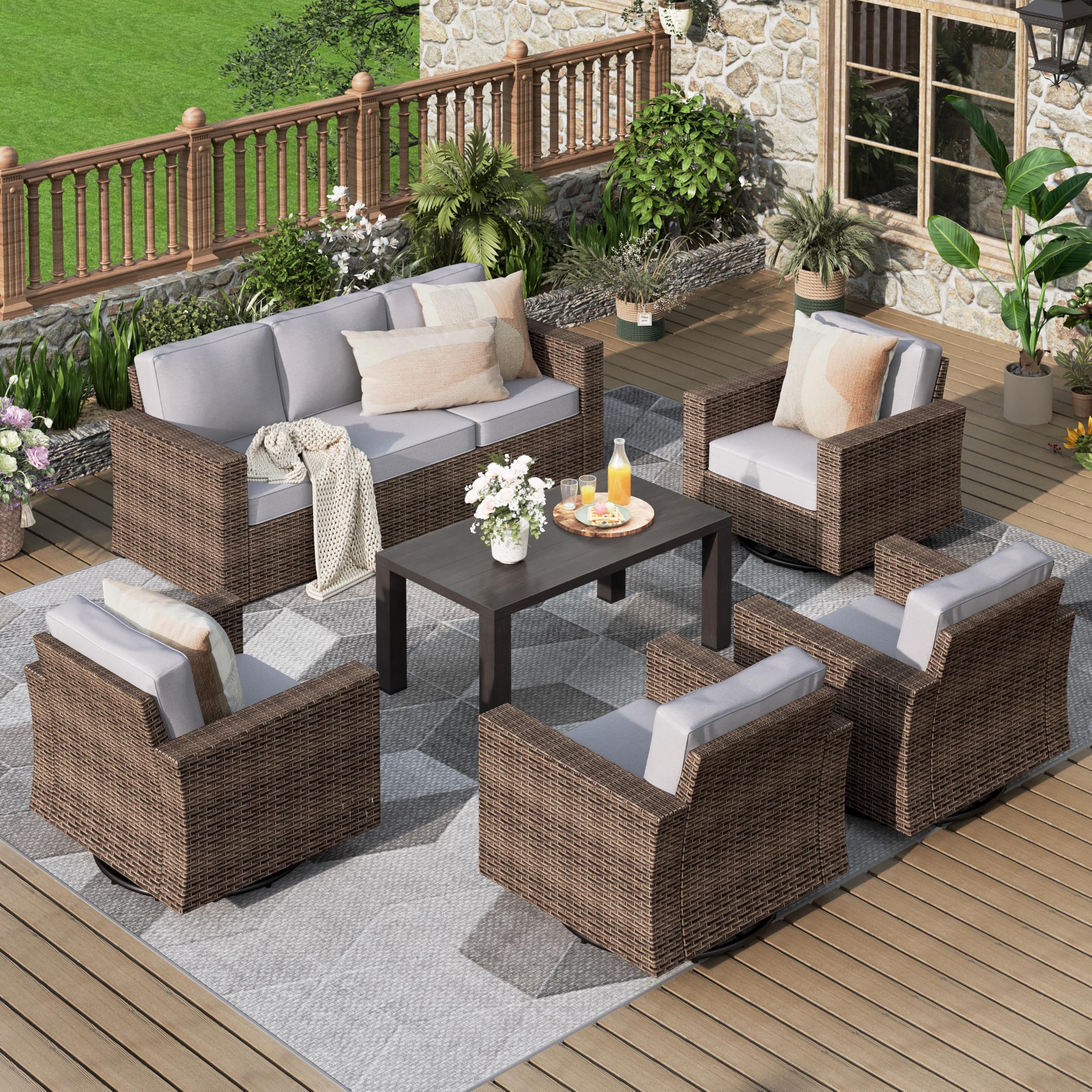 MIXPATIO 6 Pieces Patio Furniture Set, Outdoor Wicker Rattan Sofa Couch with 5.5" Thick Comfy Cushions, Wide Armrests Swivel Rocker Chairs and Coffe Table, High Back Conversation Set Garden Backyard