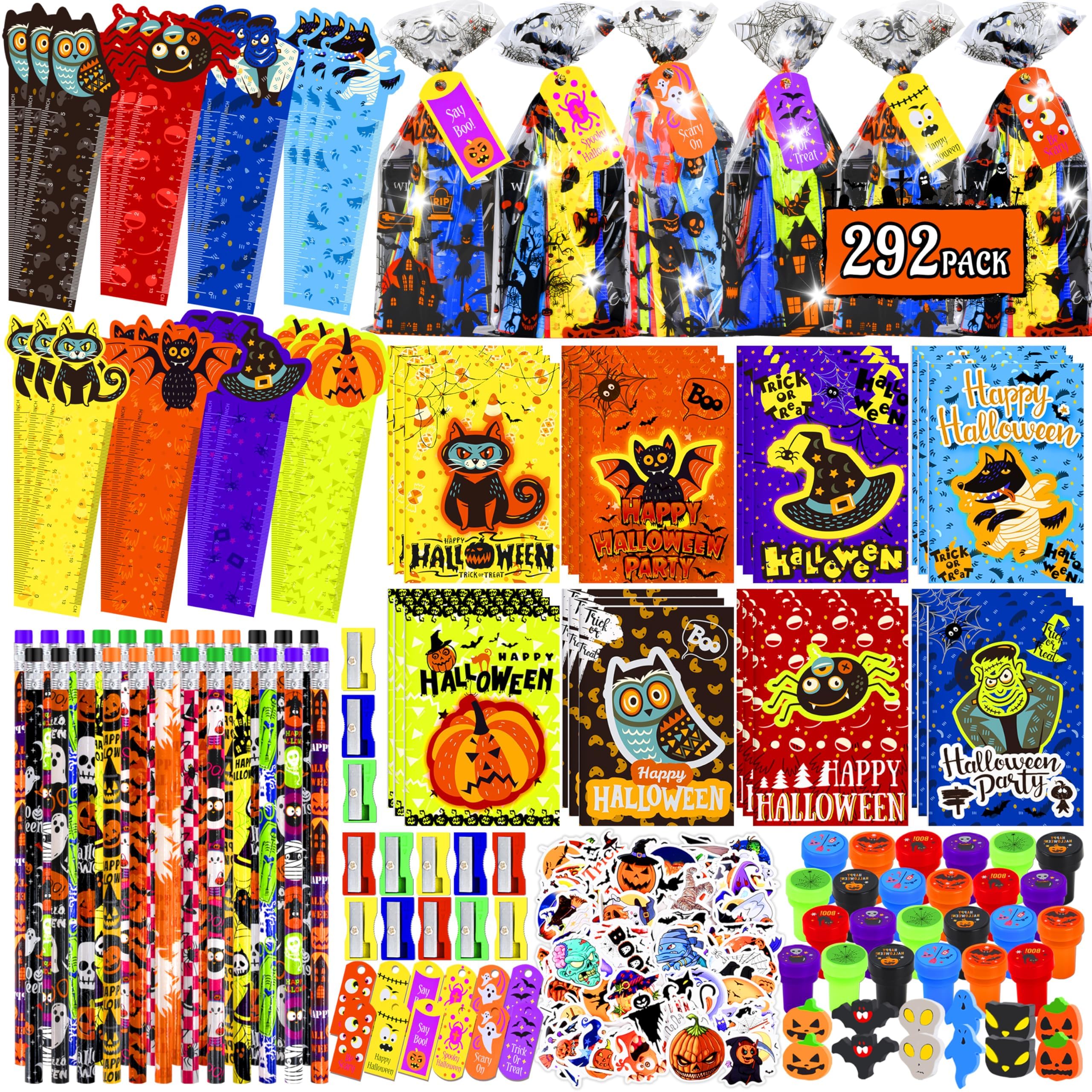 PURPERCAT Halloween Party Favor for Kids, 292 Pcs Large Halloween Stationery Set with Goody Treat Bags, Halloween Bulk Stationery for Class, Stationery Kit, Spooky Halloween Themed Party Gifts Prizes