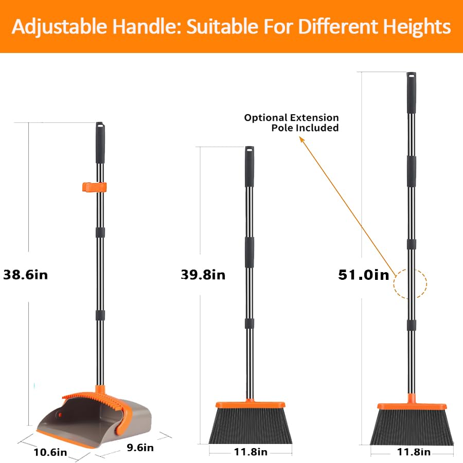 Upgraded Broom and Dustpan Set, Upright Broom and Dustpan Combo with 51" Long Handle, Dustpan Teeth with self-Cleaning Function, Indoor and Outdoor Sweeping, Perfect for Home Office (Gray & Orange)