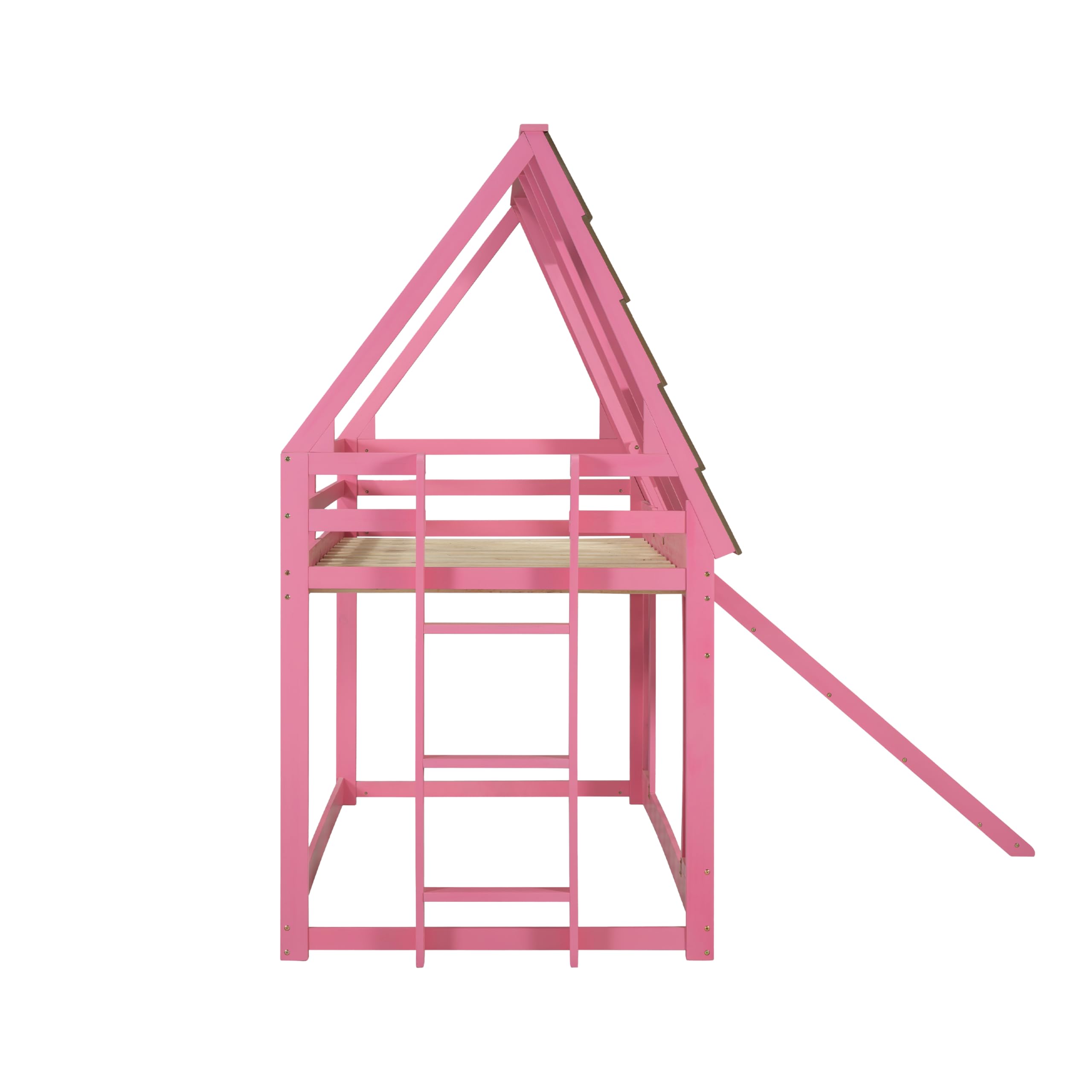 SOFTSEA Pink House Bunk Bed with Roof Low Bunk Bed with Slide for Girls, Twin Over Twin