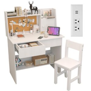 sfdou childrens computer desk with drawers and storage shelf, white kids desk and chair set for 5-12 year old, kids study table with charging station-7hsul3