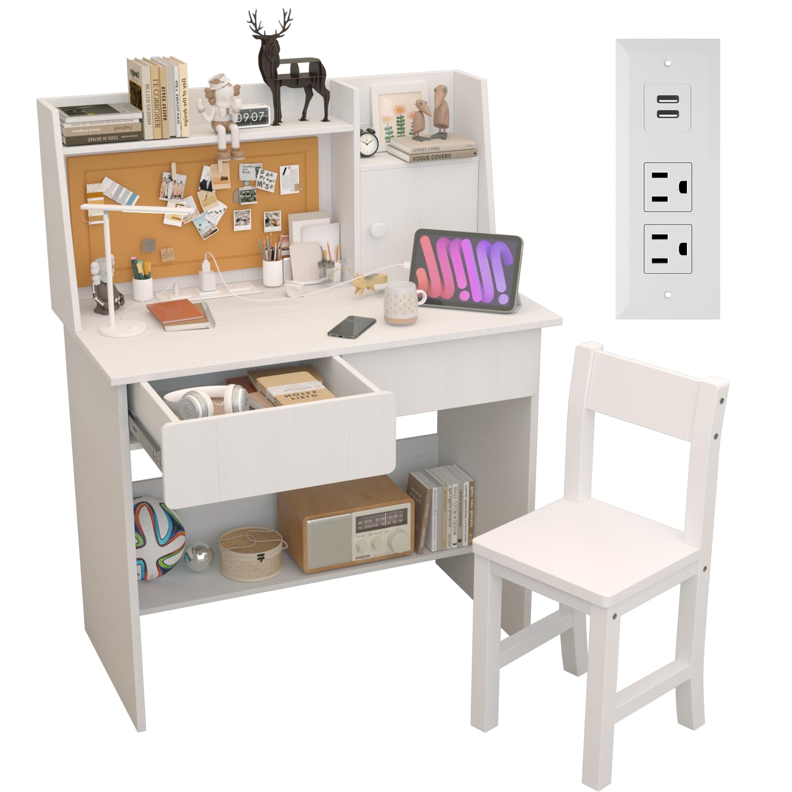 SFDOU Childrens Computer Desk with Drawers and Storage Shelf, White Kids Desk and Chair Set for 5-12 Year Old, Kids Study Table with Charging Station-7hSUl3