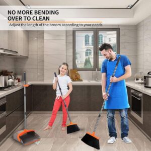 Upgraded Broom and Dustpan Set, Upright Broom and Dustpan Combo with 51" Long Handle, Dustpan Teeth with self-Cleaning Function, Indoor and Outdoor Sweeping, Perfect for Home Office (Gray & Orange)