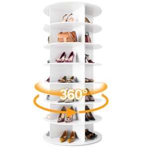 magic union rotating shoe rack tower 7 tier organizer, vertical spinning shoe display lazy susan, revolving 360 white shoe rack storage round carousel, rotate shoes closet organization