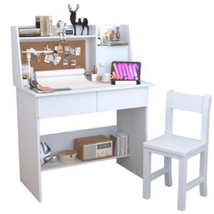 sfdou childrens drawing desk with wooden tabletop paper roll dispenser, white kids desk and chair set for 5-12 year old, kids study table with drawers and storage shelf-kps1zi