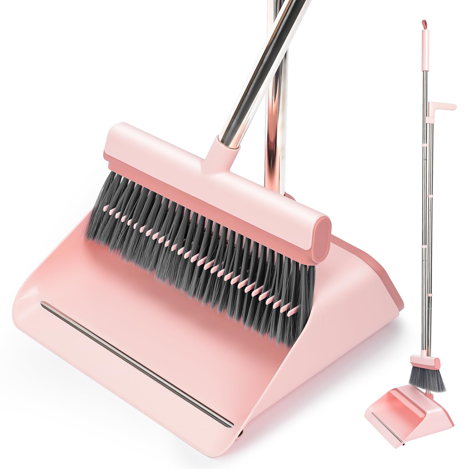 Broom and Dustpan Set with Dustpan Teeth SelfCleaning, Upright Stand Duspan and Brush with 53'' Long Adjustable Handle for Indoor&Outdoor Sweeping Home Office Floor Cleaning Broom with Dust pan-Pink