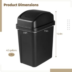 Homaisson 3 Pcs Trash Can with Swing Lid, 4.5 Gallon Plastic Garbage Can, Swing Top Trash Can, Slim Trash Can for Kitchen, Garage, Workspace, Black