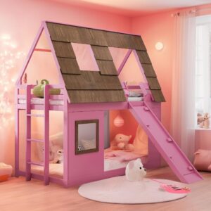 softsea pink house bunk bed with roof low bunk bed with slide for girls, twin over twin