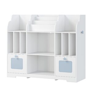 FOTOSOK Toy Storage Organizer, 46'' Toy Shelf, Bookshelf with White and Blue Bookcase & 2 Storage Cubbies Toy Box, Toy Storage Cabinet for Playroom, Bedroom, Classroom, Library