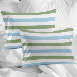 ALAGEO Sage Green Blue Duvet Cover Sets Stripe Bedding Sets 3 Pcs Soft Comforter Covet Set Including 1 Quilt Cover 2 Pillow Cases, Queen Size Comforter Cover Set with Zipper Closure