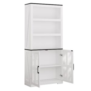 lumiinofami bookshelf with cabinet, 68.9'' book shelf with door 5 tier farmhouse bookshelf with glass window, wood bookcase bookshelves kitchen pantry for living room home office kitchen (white)