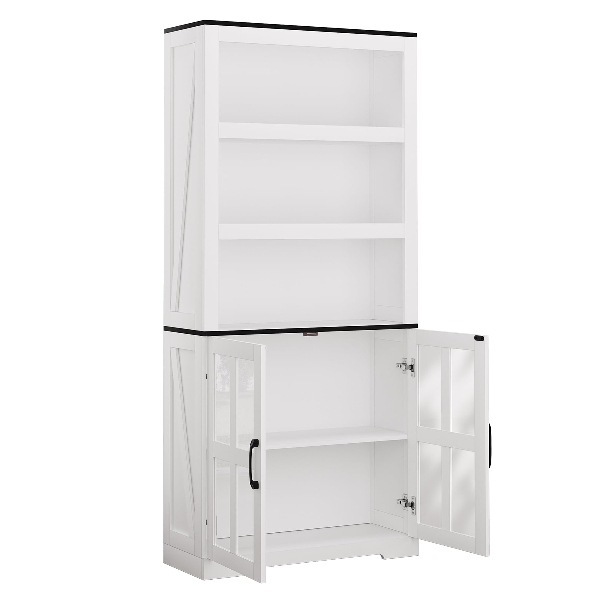 LUMIINOFAMI Bookshelf with Cabinet, 68.9'' Book Shelf with Door 5 Tier Farmhouse Bookshelf with Glass Window, Wood Bookcase Bookshelves Kitchen Pantry for Living Room Home Office Kitchen (White)