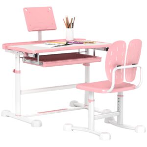 qaba kids desk and chair set, height adjustable kids school study desk and chair set with tilt desktop, storage drawer & book stand for writing, reading and drawing, pink