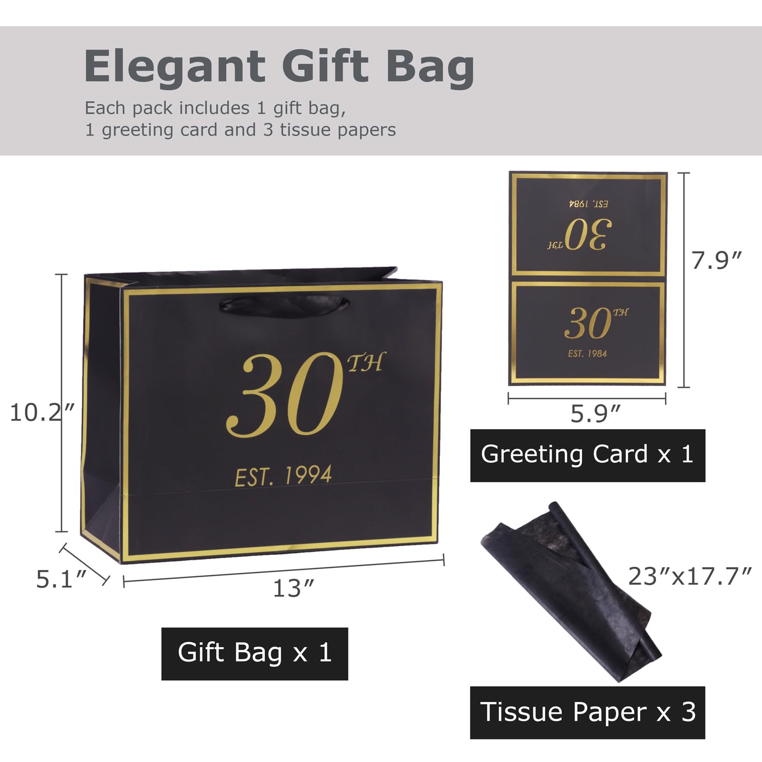 momoake 30th Birthday Gift Bag with Card and Tissue Paper for Men Women, 1994 30 Year Old 13" Elegant Black Gold Anniversary Keepsake Party Present Shopping Paper Bags for Gifts Wrapping (1994 30th)