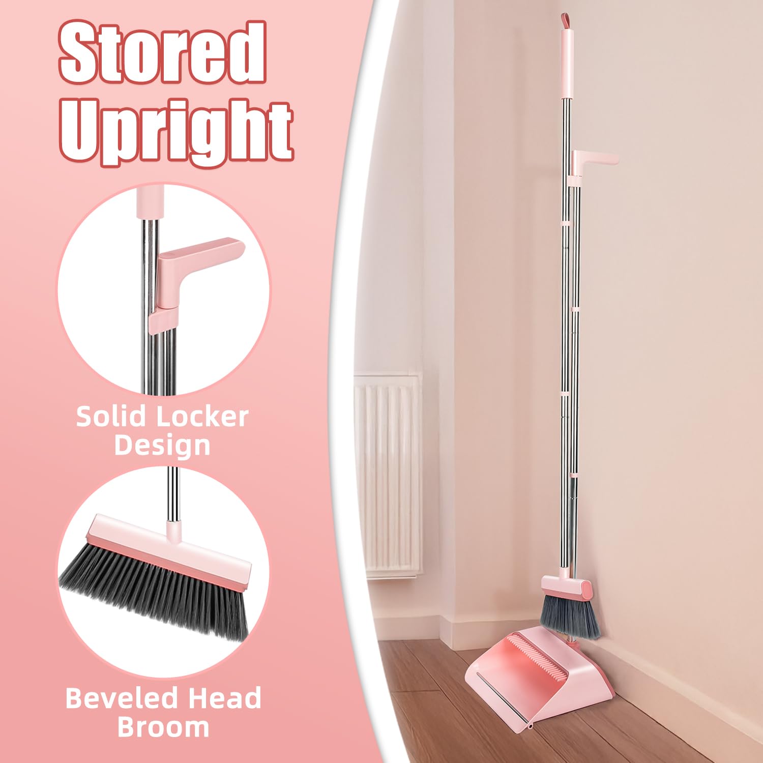 Broom and Dustpan Set with Dustpan Teeth SelfCleaning, Upright Stand Duspan and Brush with 53'' Long Adjustable Handle for Indoor&Outdoor Sweeping Home Office Floor Cleaning Broom with Dust pan-Pink