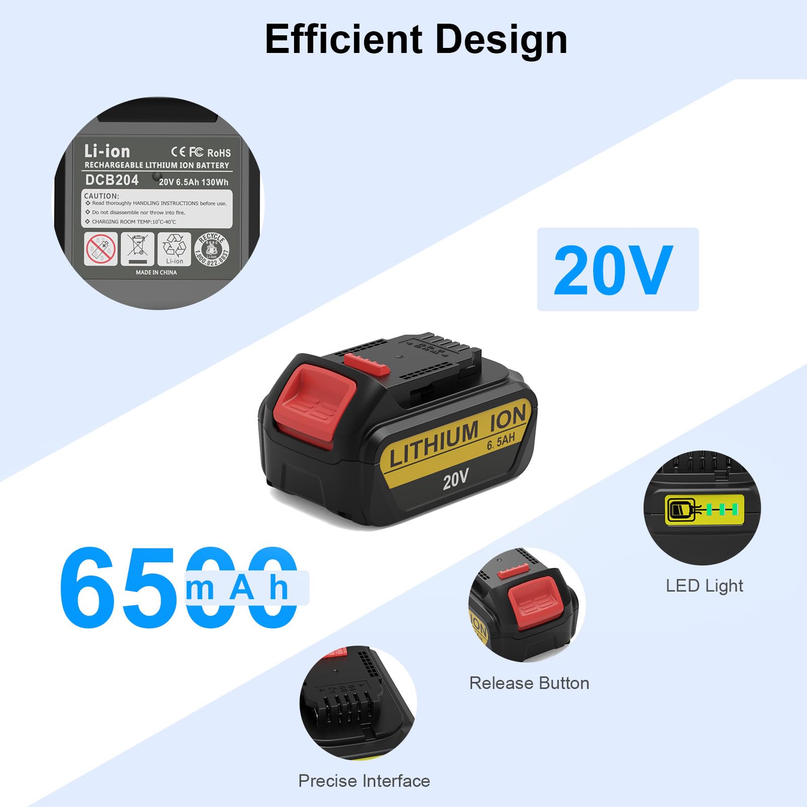 2 Pack 6.5Ah Lithium-ion Replacement Batteries Compatible with DeWalt 20V MAX Battery DCB204 DCB203 DCB200-2 DCB201 DCB180 DCD985B DCD/DCF/DCG Series Cordless Power Tools