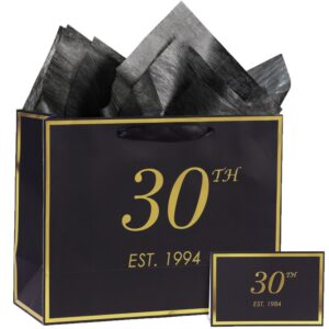 momoake 30th birthday gift bag with card and tissue paper for men women, 1994 30 year old 13" elegant black gold anniversary keepsake party present shopping paper bags for gifts wrapping (1994 30th)