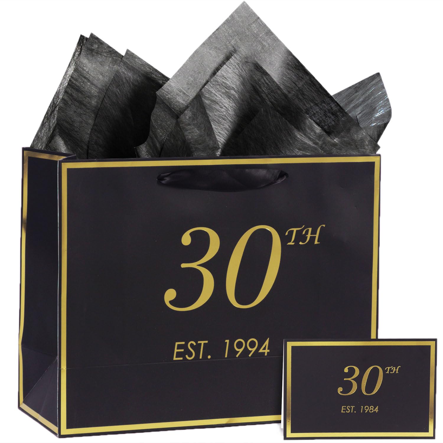 momoake 30th Birthday Gift Bag with Card and Tissue Paper for Men Women, 1994 30 Year Old 13" Elegant Black Gold Anniversary Keepsake Party Present Shopping Paper Bags for Gifts Wrapping (1994 30th)