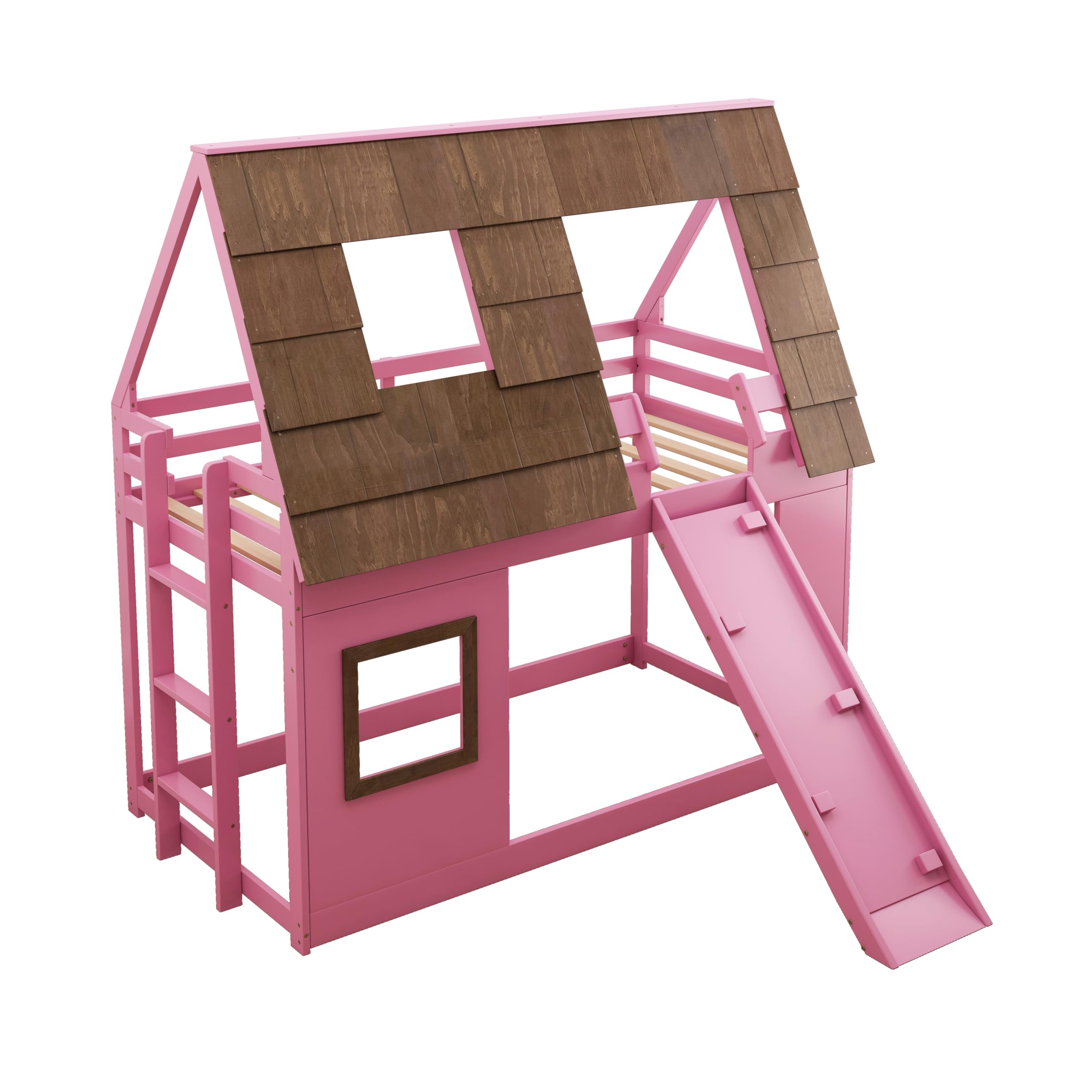 SOFTSEA Pink House Bunk Bed with Roof Low Bunk Bed with Slide for Girls, Twin Over Twin