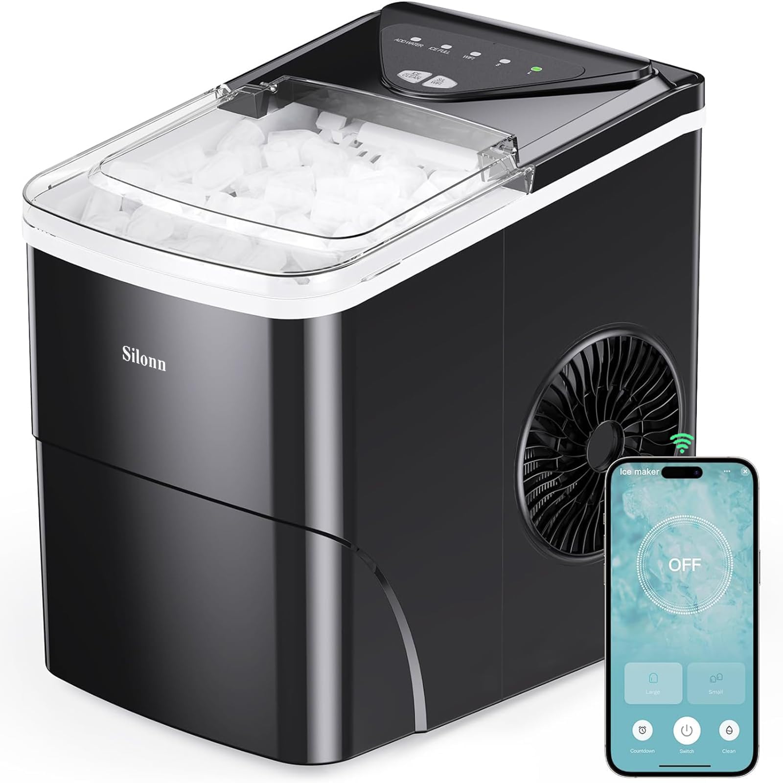 Silonn Smart Countertop Ice Maker - 9 Bullet Cubes in 6 Mins, 26 lbs per Day, Compact Wi-Fi Ice Maker Machine, 2 Ice Cube Sizes, Portable Ice Maker with Self-Cleaning for Kitchen/Office/RV