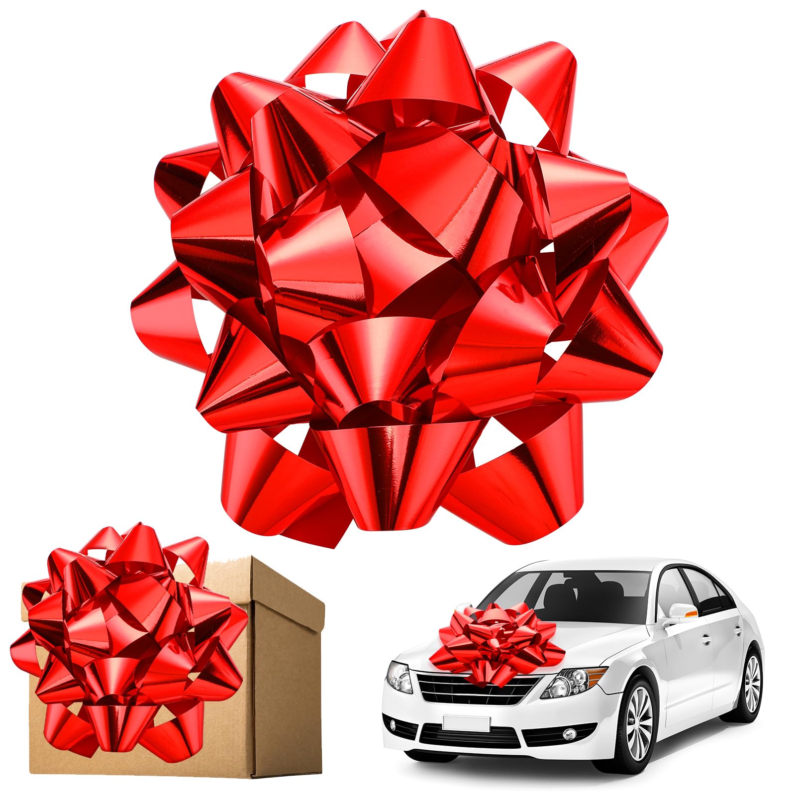 FineCheer 16 inch Big Car Bow Giant Christmas Bow Large Gift Bow Pre-Assembled Giant Red Wrapping Bow Huge Car Bow Christmas Metallic Decorative Bow for Present Tree Houses Bike Holiday Decoration