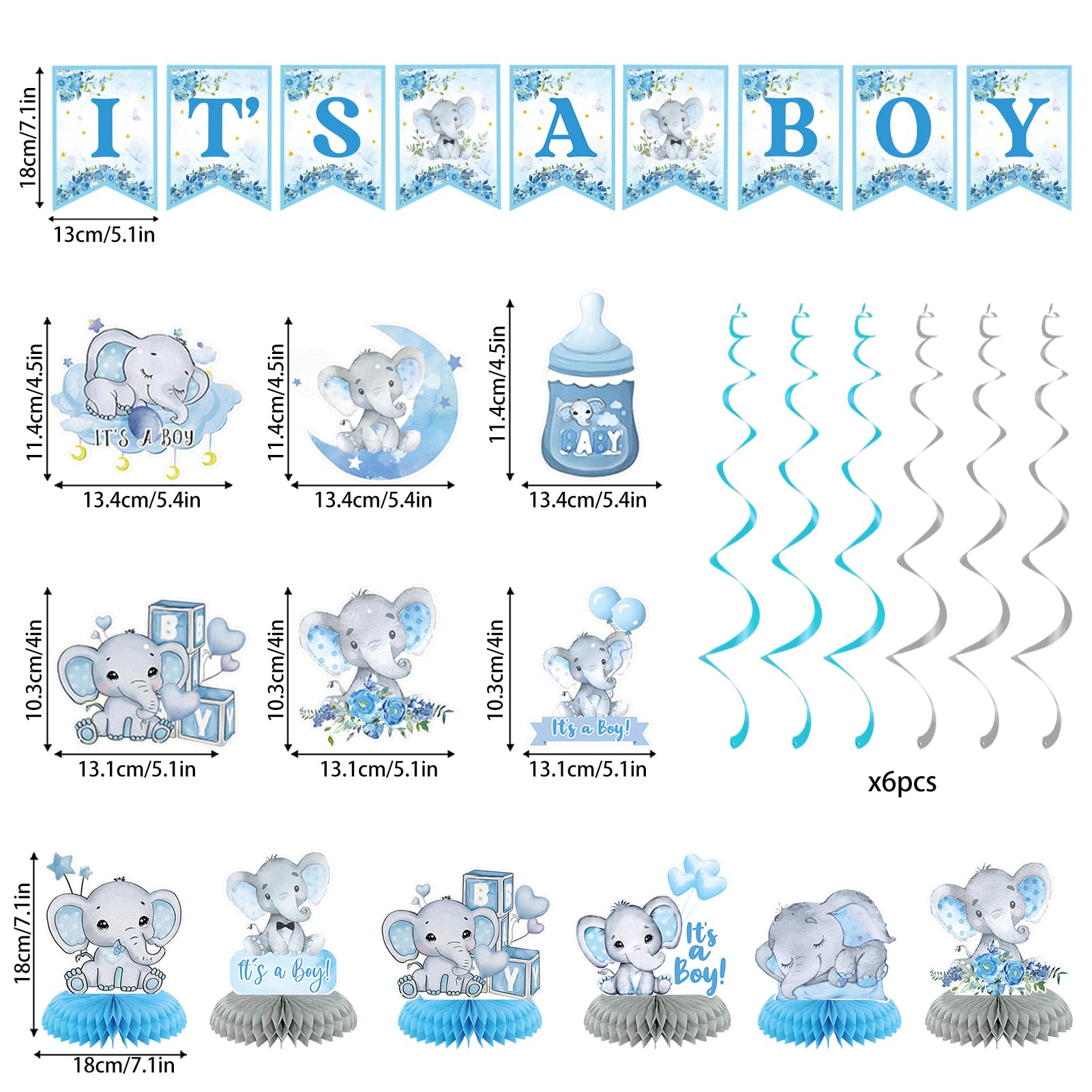 Vlipoeasn Elephant Baby Shower Decorations for Boy, Blue 42PCS Baby Shower Supplies, Mommy to Be Sash, It's a Boy Backdrop, Cake Topper, Cute Honeycomb, Hanging Swirl Flag, Baby Boy Shower Decor