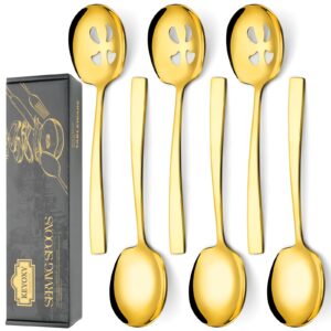 gold large serving spoons, 6 pieces large stainless steel serving spoons set includes 3 large serving spoons,3 large slotted spoons. serving spoons for parties, dishwasher safe, 9.2-inch