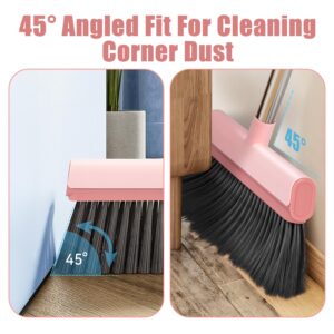 Broom and Dustpan Set with Dustpan Teeth SelfCleaning, Upright Stand Duspan and Brush with 53'' Long Adjustable Handle for Indoor&Outdoor Sweeping Home Office Floor Cleaning Broom with Dust pan-Pink