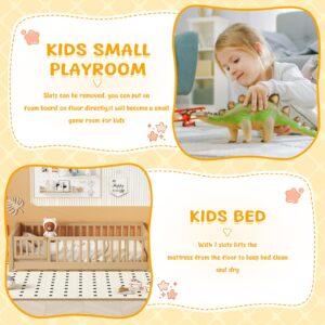 ROCKINGRUN Full Size Montessori Floor Bed Frame with Safety Fence & Convertible Door, Toddler Floor Bed with Sturdy Solid Wood Support Slats and Full-Length Guardrails for Kids Girls Boys (Natural)