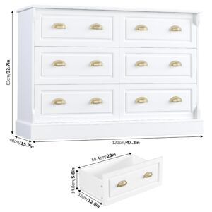 FACBOTALL 6 Drawer Dresser,White Dresser for Bedroom,Dressers with Drawers, Dressers Chest of Drawer with Gold Handle for Living Room,Closet,Corridor,Bedchamber