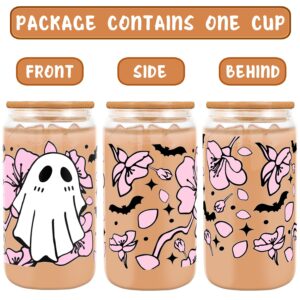 GeoJedrmin Halloween Ghost Cups - 16 oz Glass Cups with Lids and Straws, Halloween Ghost Tumblers Coffee Mugs, Halloween basket, Boo basket stuffers for her, Halloween basket for Women Teen