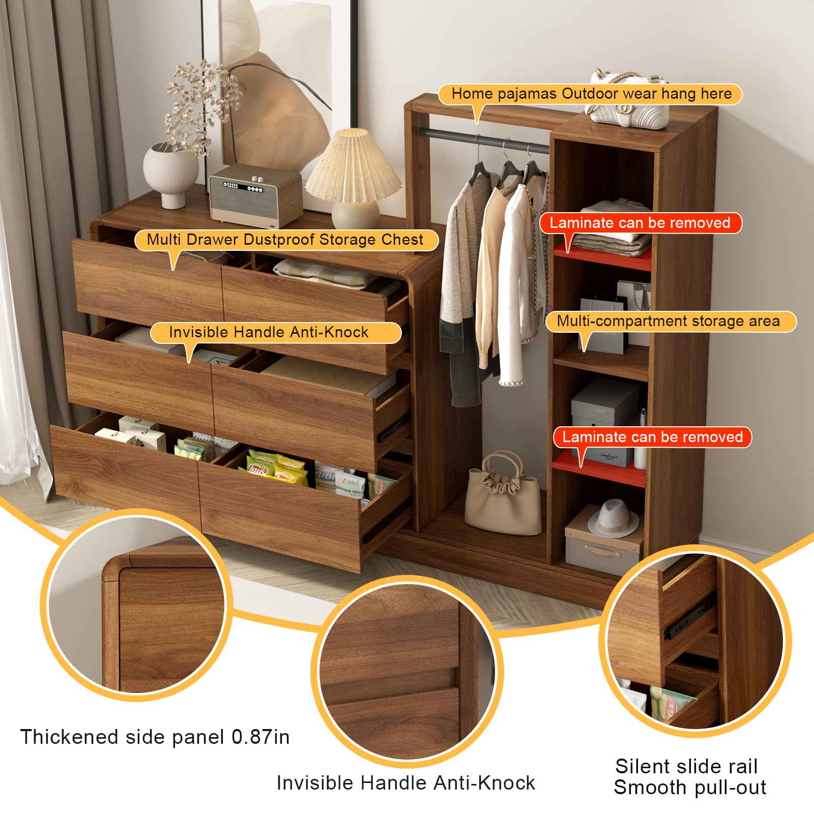 Messenya Dresser with Hanging Racks&Open Shelf Bookcase，Dresser for Bedroom with 6 Drawers Dresser with Clothes Rack, 4-Tier Bookshelf Wood Storage Unit