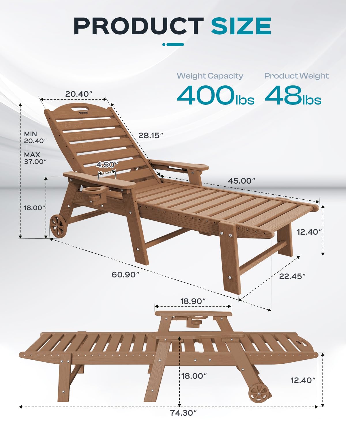 Lounge Chair Outdoor, Oversized Chaise Lounge Chair with 5 Positions, HDPE, Patio Lounge Chair with Wheels & Cup Holder for Pool, Deck, Poolside, Teak