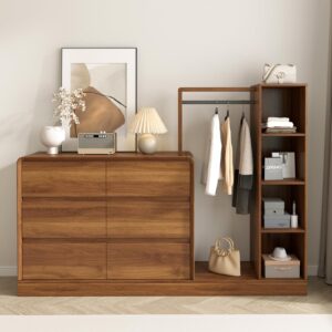 Messenya Dresser with Hanging Racks&Open Shelf Bookcase，Dresser for Bedroom with 6 Drawers Dresser with Clothes Rack, 4-Tier Bookshelf Wood Storage Unit