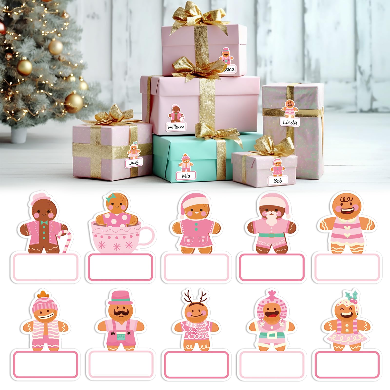 Whaline 120Pcs Christmas Gingerbread Name Tag Stickers Pink Xmas Cartoon Gingerbread Man Self-Adhesive Gift Label Decals for Winter Holiday Birthday Present, 10 Designs