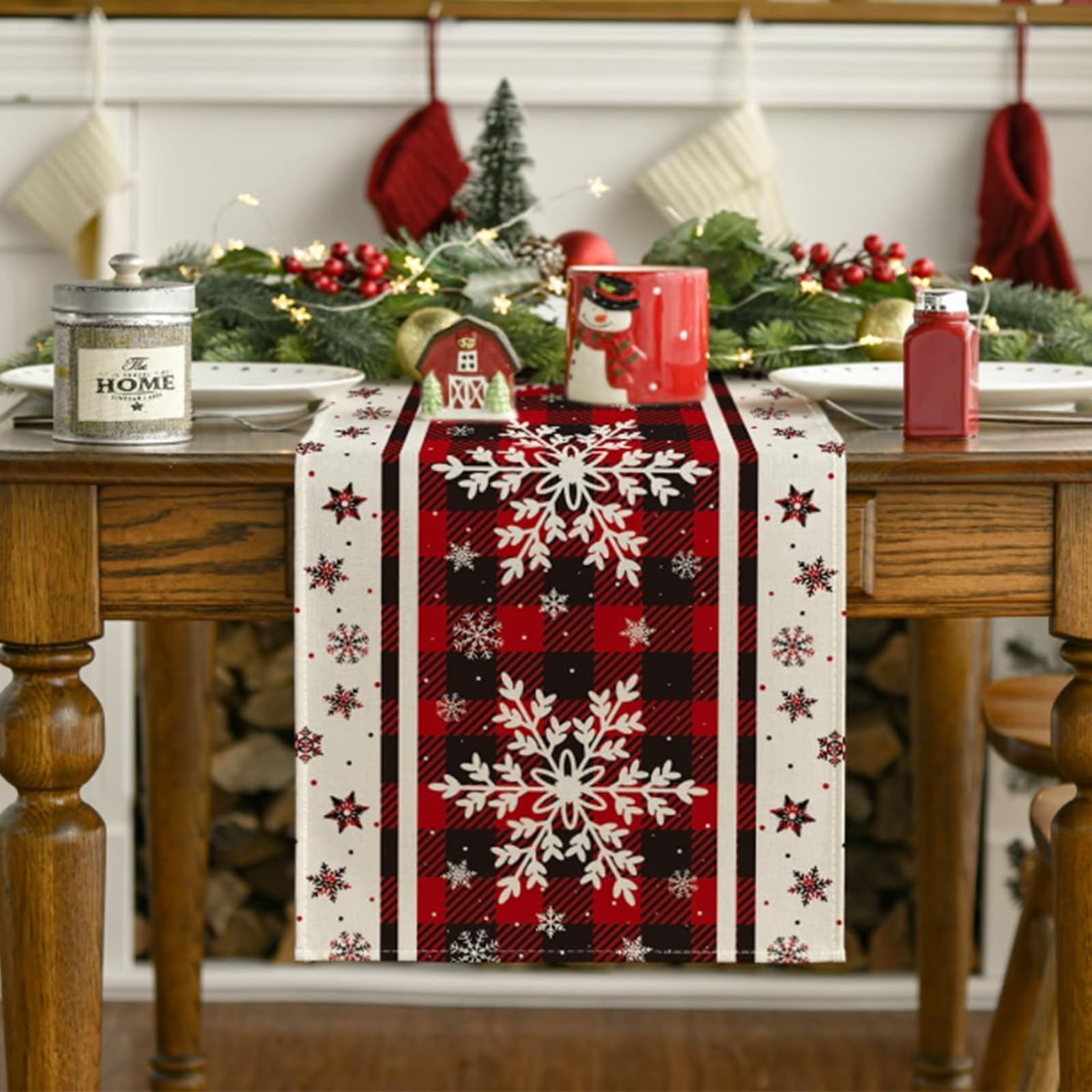 Niviy Snowflakes Christmas Table Runner with Buffalo Plaid, Winter Xmas Holiday Kitchen Dining Table Decoration for Indoor Outdoor Home Party Decor 13 x 72