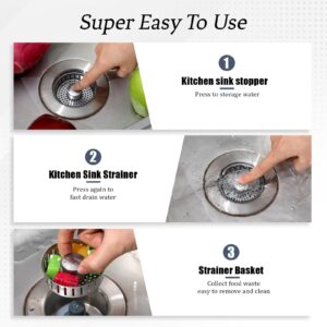 Drain Stopper Kitchen Sink Drain Strainer 3 in 1 Pop up Sink Stopper Stainless Steel Strainers for Kitchen Anti-Clogging and Fast Drainage Sink Stoppers for US Standard 3-1/2 Inch Kitchen Drain