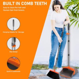 Upgraded Broom and Dustpan Set, Upright Broom and Dustpan Combo with 51" Long Handle, Dustpan Teeth with self-Cleaning Function, Indoor and Outdoor Sweeping, Perfect for Home Office (Gray & Orange)