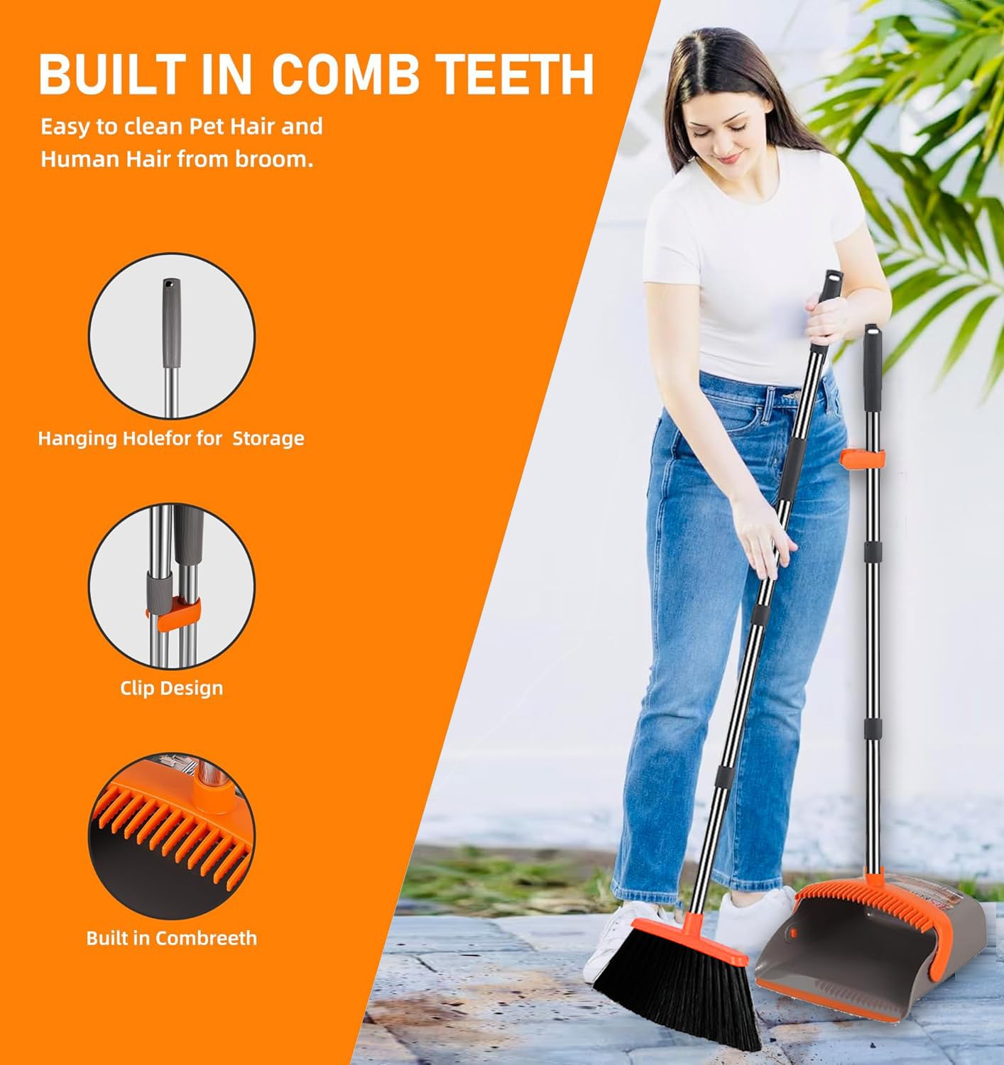 Upgraded Broom and Dustpan Set, Upright Broom and Dustpan Combo with 51" Long Handle, Dustpan Teeth with self-Cleaning Function, Indoor and Outdoor Sweeping, Perfect for Home Office (Gray & Orange)