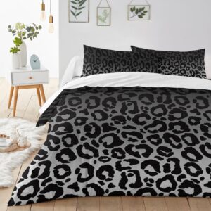 Ombre Leopard Duvet Cover Sets Black Grey Gradual Color Bedding Sets 3 Pcs Soft Comforter Covet Set Including 1 Quilt Cover 2 Pillow Cases, California King Comforter Cover Set with Zipper Closure