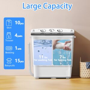 DOGHLY Compact Semi-Automatic Twin Tub Washer, 18lbs Capacity with 11lbs Washer and 7lbs Spinner, Ideal for Camping, Apartments, Dorms, College, RVs, and Small Spaces