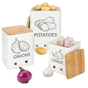 moondust wj 3 pack vegetable storage tins，potatoes storage，metal onion and potato storage bins，kitchen potato and onion storage bin，onion storage containers with aerating holes and wooden lid.