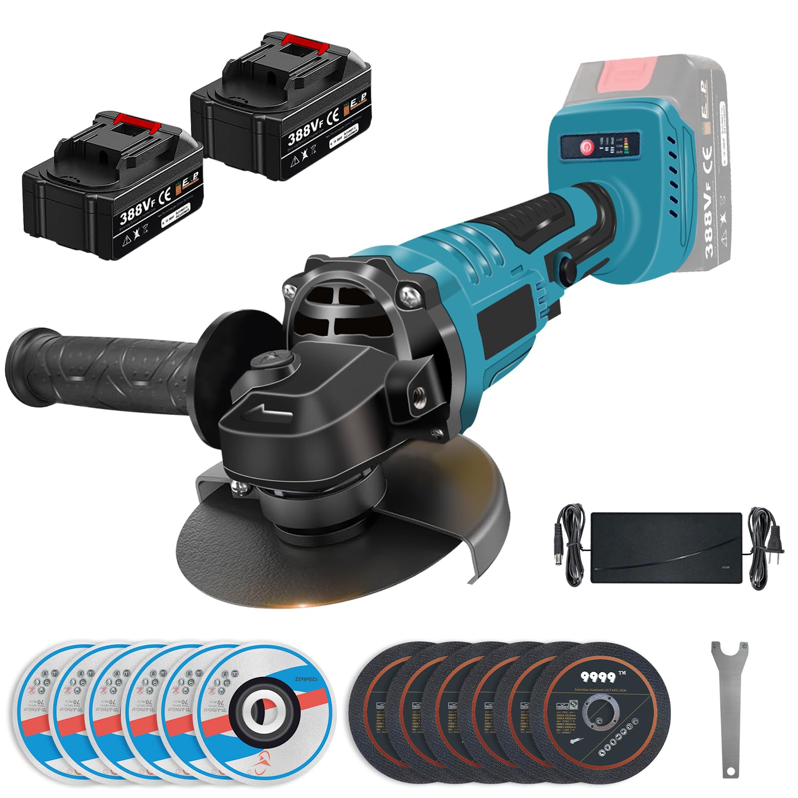 QMCAHCE cordless angle grinder with 4-1/2" grinding wheel, cut-off wheel and adjustable auxiliary handle, with 2 4.0A batteries and a battery charger, for cutting, polishing, grinding and rust removal