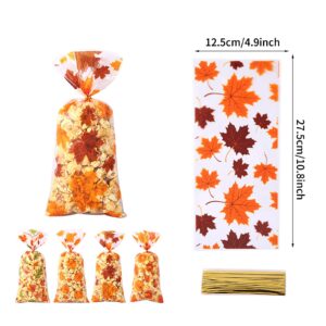 Kistreao Thanksgiving Cellophane Treat Bags Clear Fall Pumpkin Maple Leaf Candy Bags Plastic Goodie Cookie Gift Bags with Twist Ties for Autumn Harvest Thanksgiving Party Supplies 50Pcs (B)